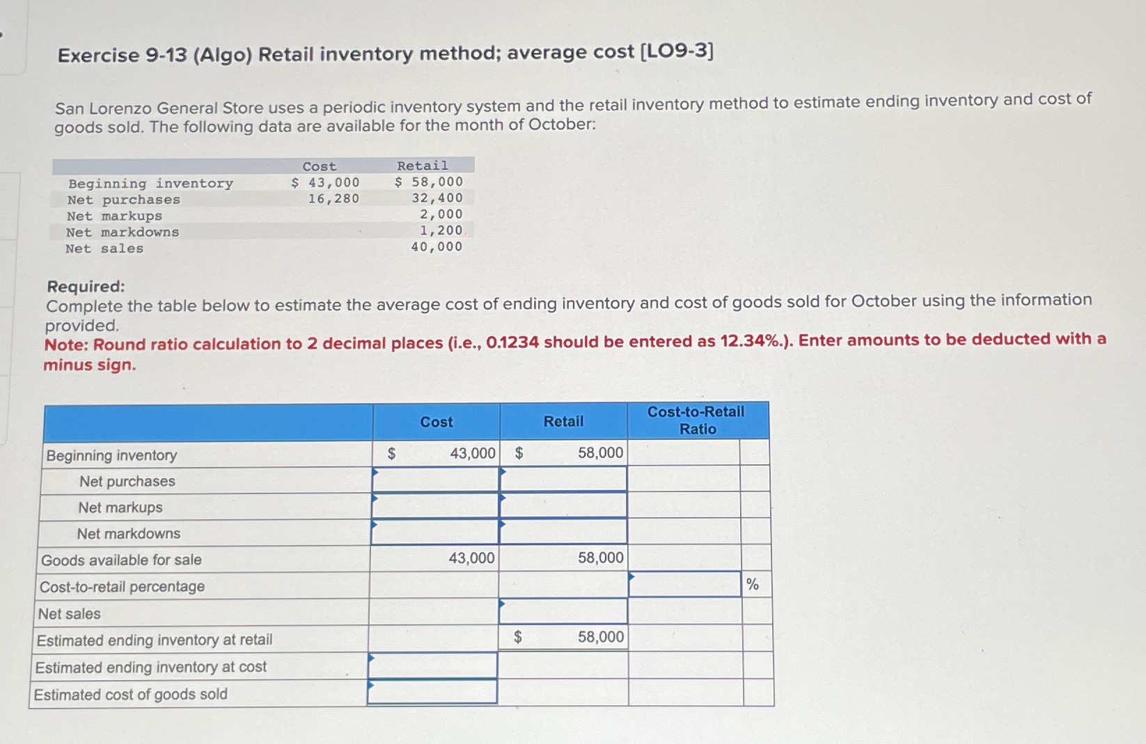 Solved Exercise 9-13 (Algo) ﻿Retail inventory method; | Chegg.com