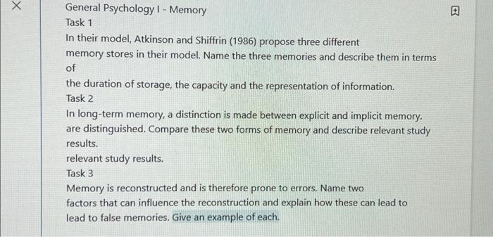 Solved General Psychology I - Memory Task 1 In their model, | Chegg.com
