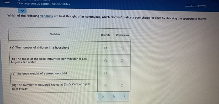 Solved Discrete versus continuous variables Which of the | Chegg.com