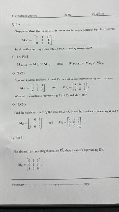 Solved Relation Using Matrices MR = Q. 1 a. ibod agoa i | Chegg.com