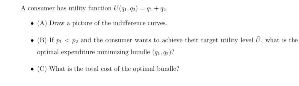 Solved A consumer has utility function U(q1,q2)=q1+q2.(A) | Chegg.com