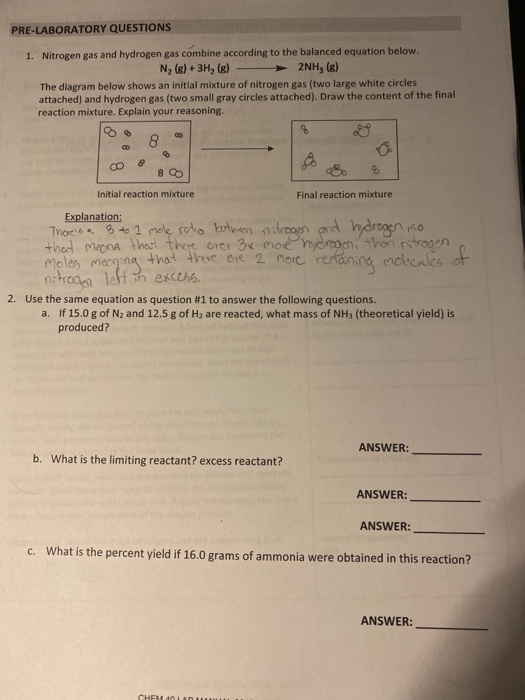 Solved PRE-LABORATORY QUESTIONS 1. Nitrogen gas and hydrogen | Chegg.com