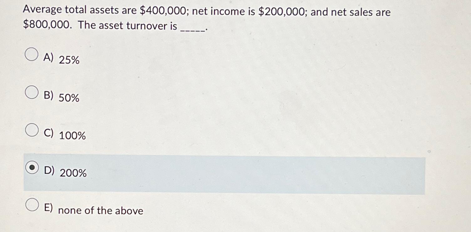 Solved Average total assets are $400,000; net income is | Chegg.com