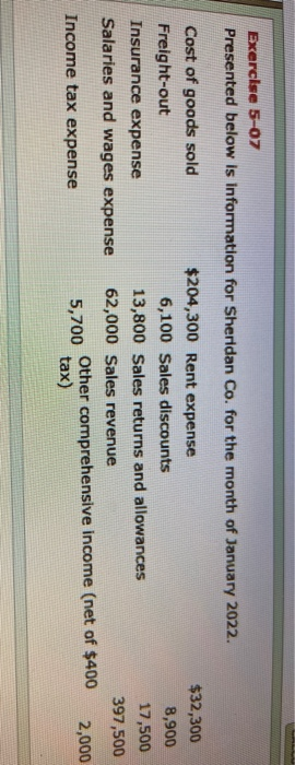 Solved Exercise 5-07 Presented below is information for | Chegg.com