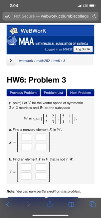 Solved 2:04 LTE AA Not Secure -- webwork.columbiacollege C | Chegg.com