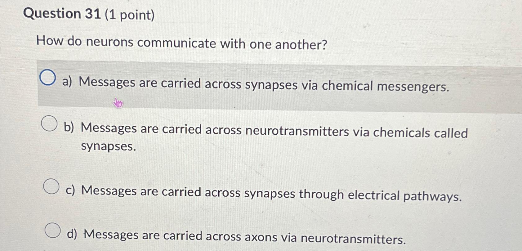 Solved Question 31 (1 ﻿point)How do neurons communicate with | Chegg.com