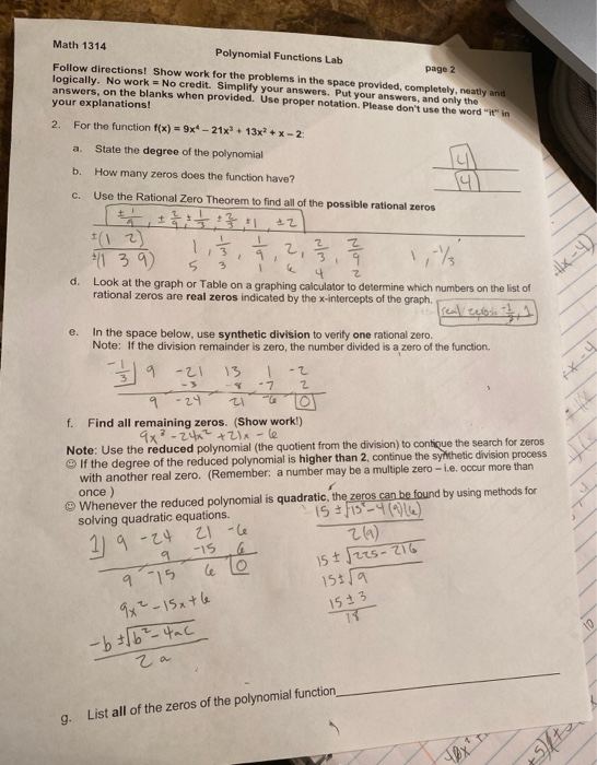Solved Math 1314 Polynomial Functions Lab page 2 Follow | Chegg.com