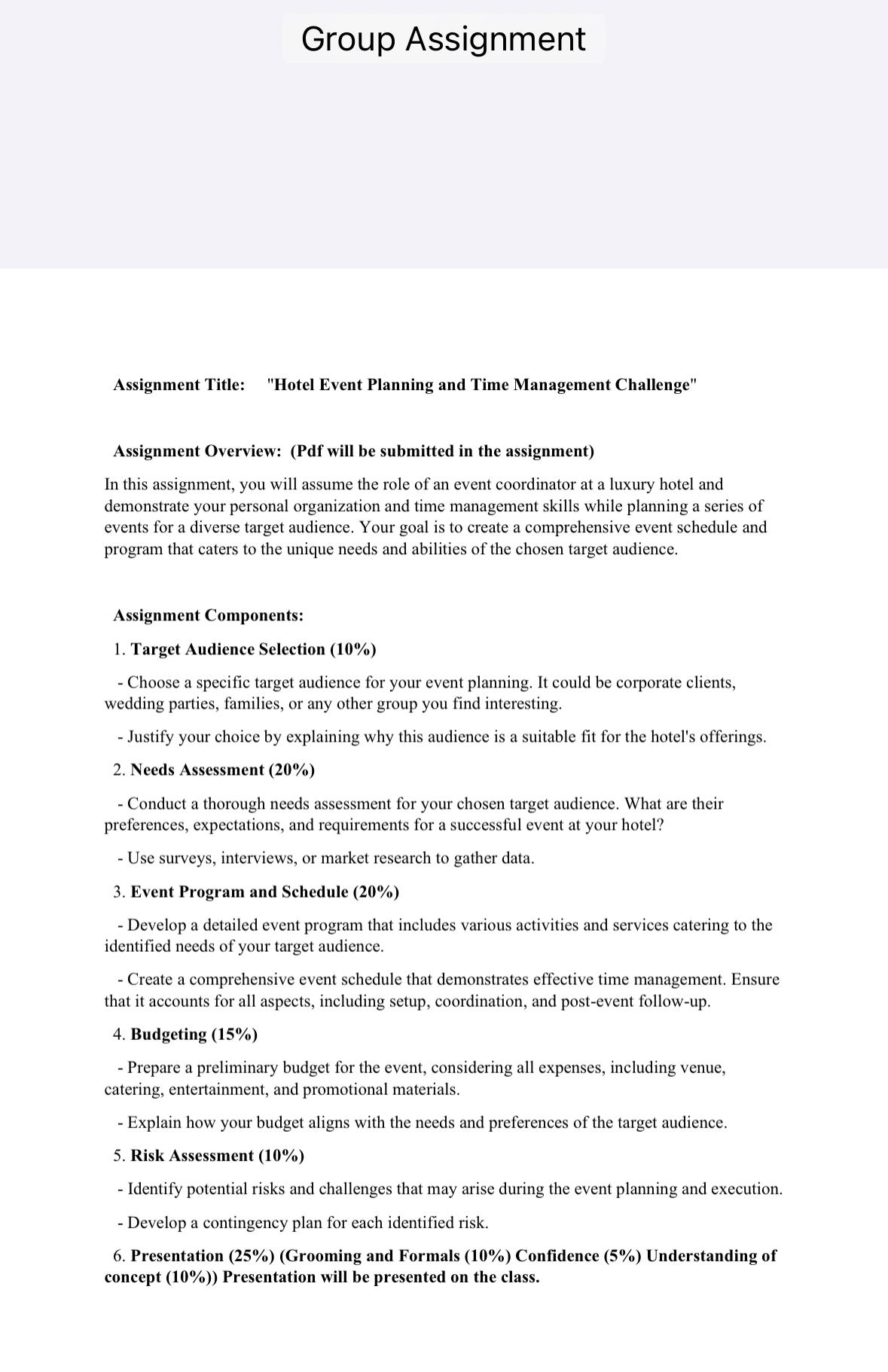 Solved Group AssignmentAssignment Title: "Hotel Event | Chegg.com