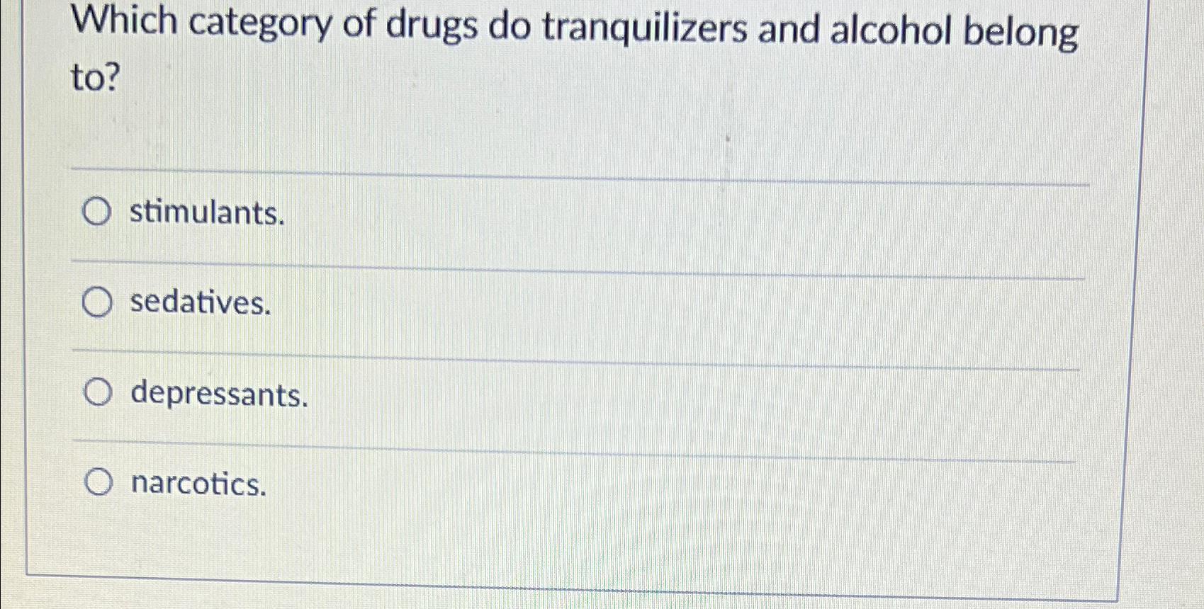 Solved Which category of drugs do tranquilizers and alcohol | Chegg.com