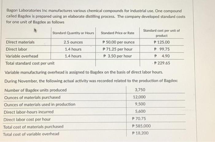 Solved Bagon Laboratories Inc manufactures various chemical | Chegg.com