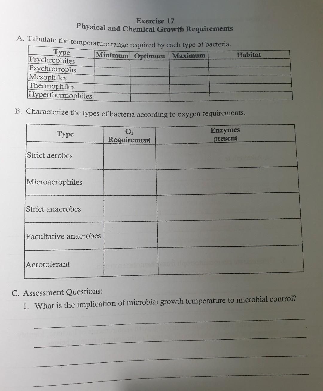 Solved Exercise 17 Physical and Chemical Growth Requirements | Chegg.com