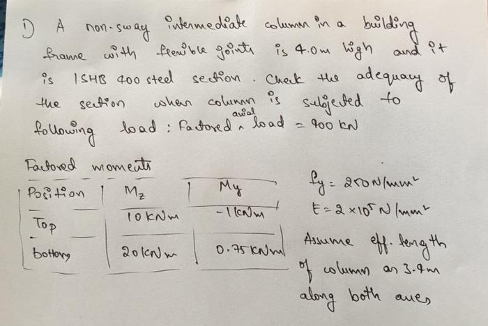 Solved the awal non-sway intermediate column in a building 0 | Chegg.com
