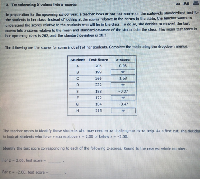 Solved 4. Transforming X values into Z-scores Aa Aa In | Chegg.com