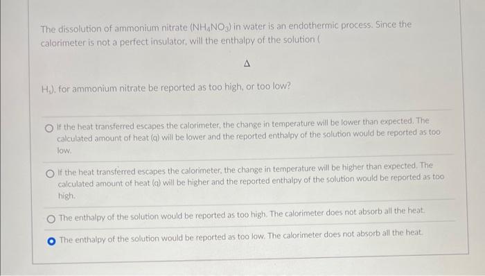 Solved The dissolution of ammonium nitrate (NH4NO3) in water | Chegg.com