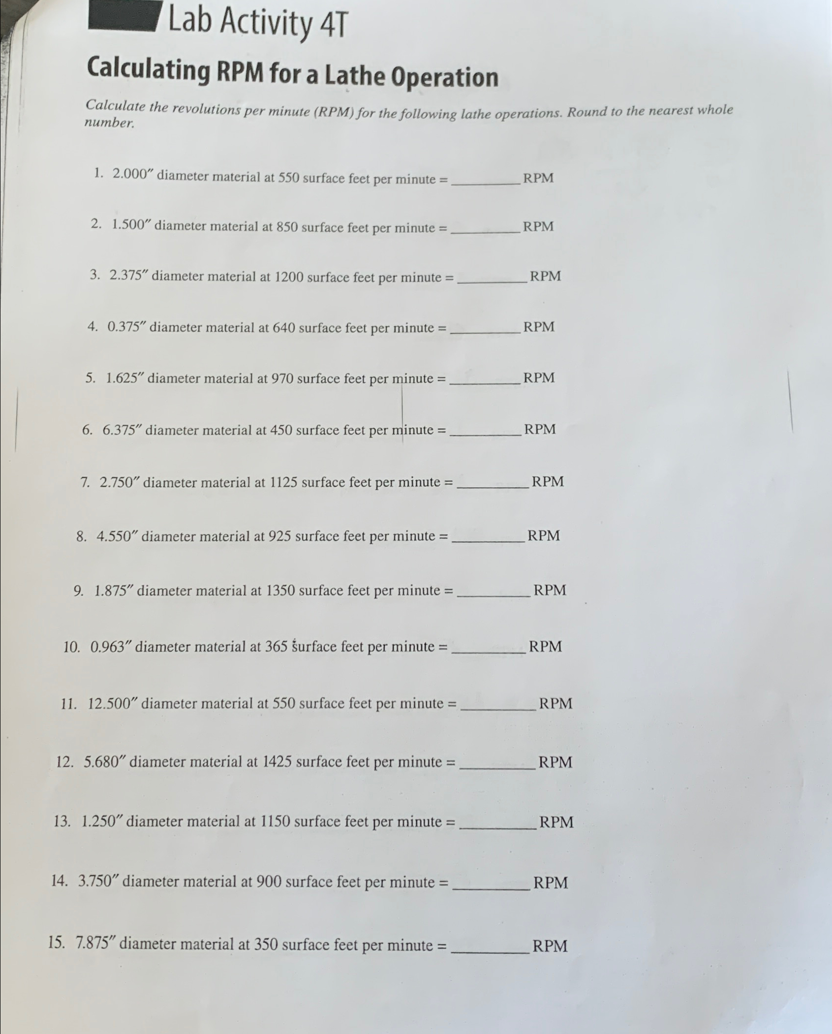 Solved Lab Activity 4TCalculating RPM for a Lathe | Chegg.com