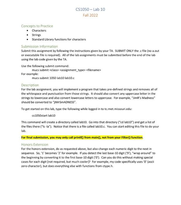 CS1050 - Lab 10 Fall 2022 Concepts to Practice - | Chegg.com