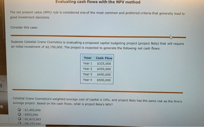 Solved Evaluating cash flows with the NPV method The net | Chegg.com