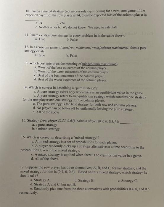 Solved 1. In the game theory, the row player and the column | Chegg.com