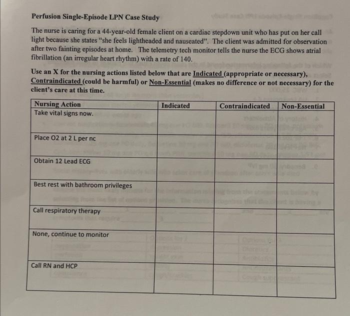 Solved Perfusion Single-Episode LPN Case Study The nurse is | Chegg.com
