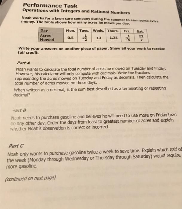 Solved Performance Task Operations with Integers and | Chegg.com