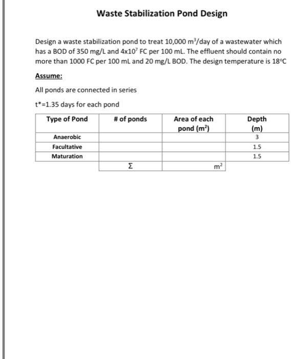 Solved Waste Stabilization Pond Design Design a waste | Chegg.com