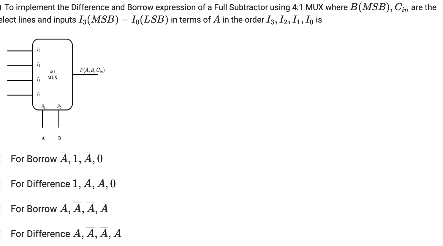 Solved To implement the Difference and Borrow expression of | Chegg.com