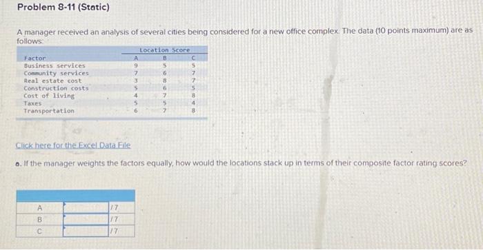 Solved Problem 8-11 (Static) A manager received an analysis | Chegg.com