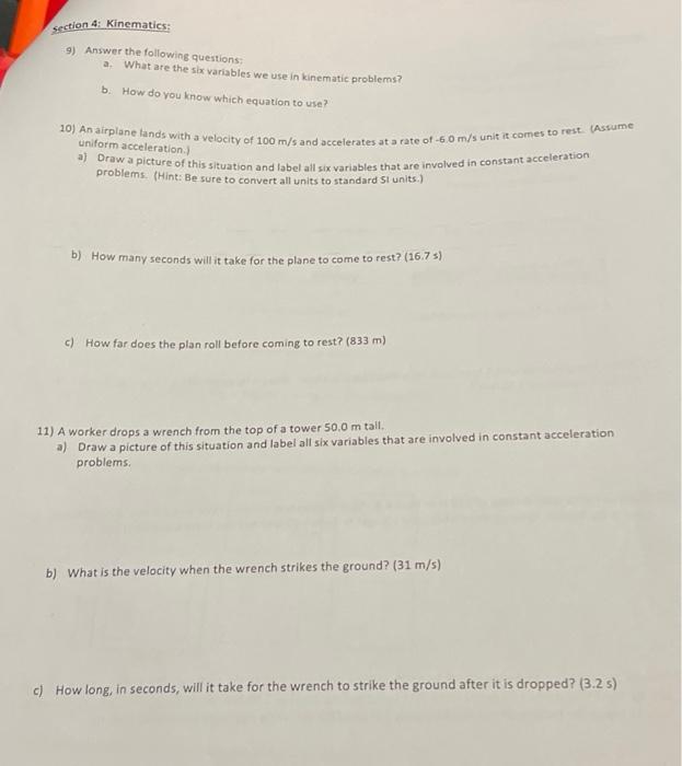Solved section 4: Kinematics: 9) Answer the following | Chegg.com
