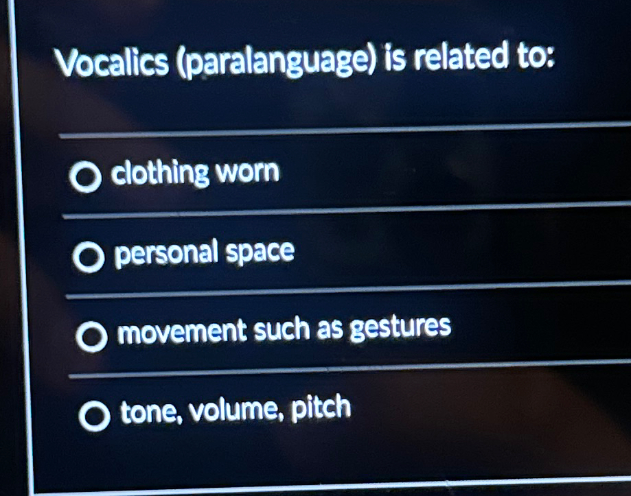 Solved Vocalics (paralanguage) ﻿is related to:clothing | Chegg.com