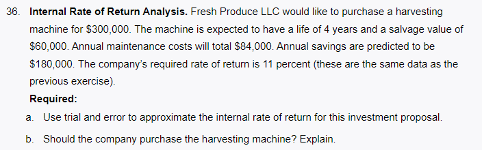 Solved Internal Rate of Return Analysis. Fresh Produce LLC | Chegg.com