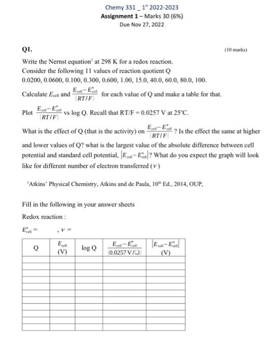 Assignment 1 - Marks 30(6%) Due Nov 27, 2022 Q1. ( 10 | Chegg.com Assignment 1 - Marks 30(6%) Due Nov 27, 2022 Q1. ( 10 | Chegg.com