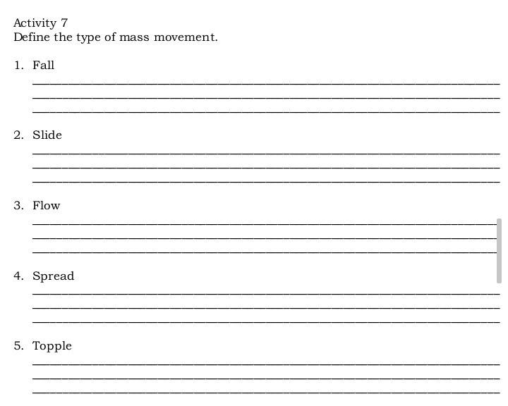 Solved Activity 7 Define the type of mass movement. 1. Fall | Chegg.com