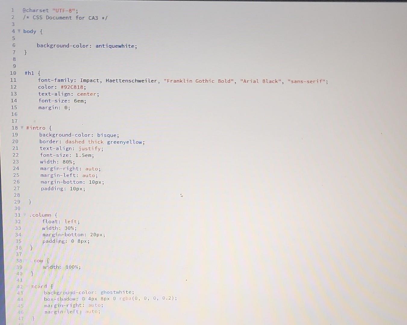 Solved 2 I* CSS Document for CA3 ∗1 4> body \{ 6 | Chegg.com