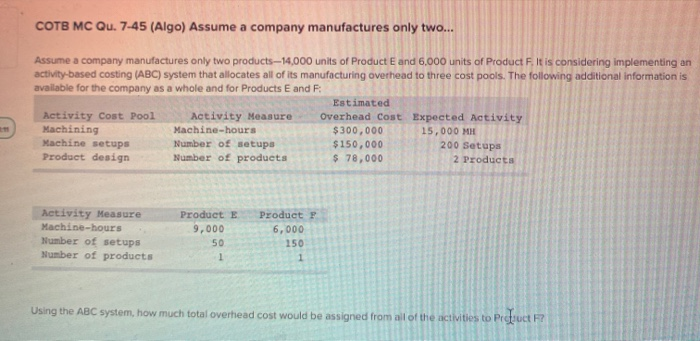 Solved COTB MC Qu. 7-45 (Algo) Assume a company manufactures | Chegg.com