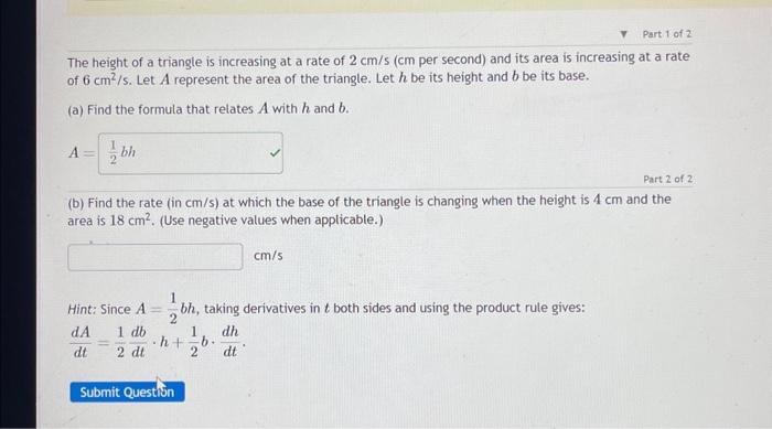 Solved The height of a triangle is increasing at a rate of 2 | Chegg.com