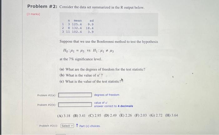 Solved Problem \# 2: Consider the data set summarized in the | Chegg.com