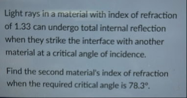 Solved Light rays in a material with index of refraction of | Chegg.com