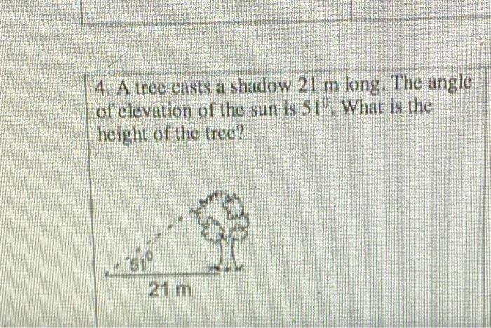 Solved 4. A tree casts a shadow 21 m long. The angle of | Chegg.com