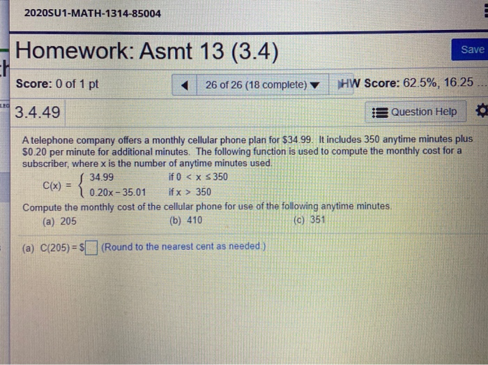 Solved 2020SU1-MATH-1314-85004 Homework: Asmt 13 (3.4) Save | Chegg.com