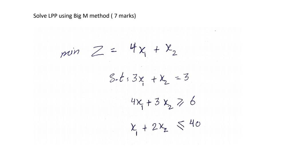 Solved Solve LPP using Big M method ( 7 marks) min z рои Z= | Chegg.com