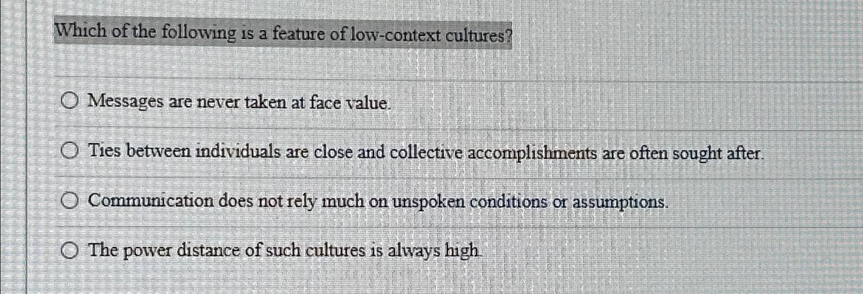 Solved Which of the following is a feature of low-context | Chegg.com
