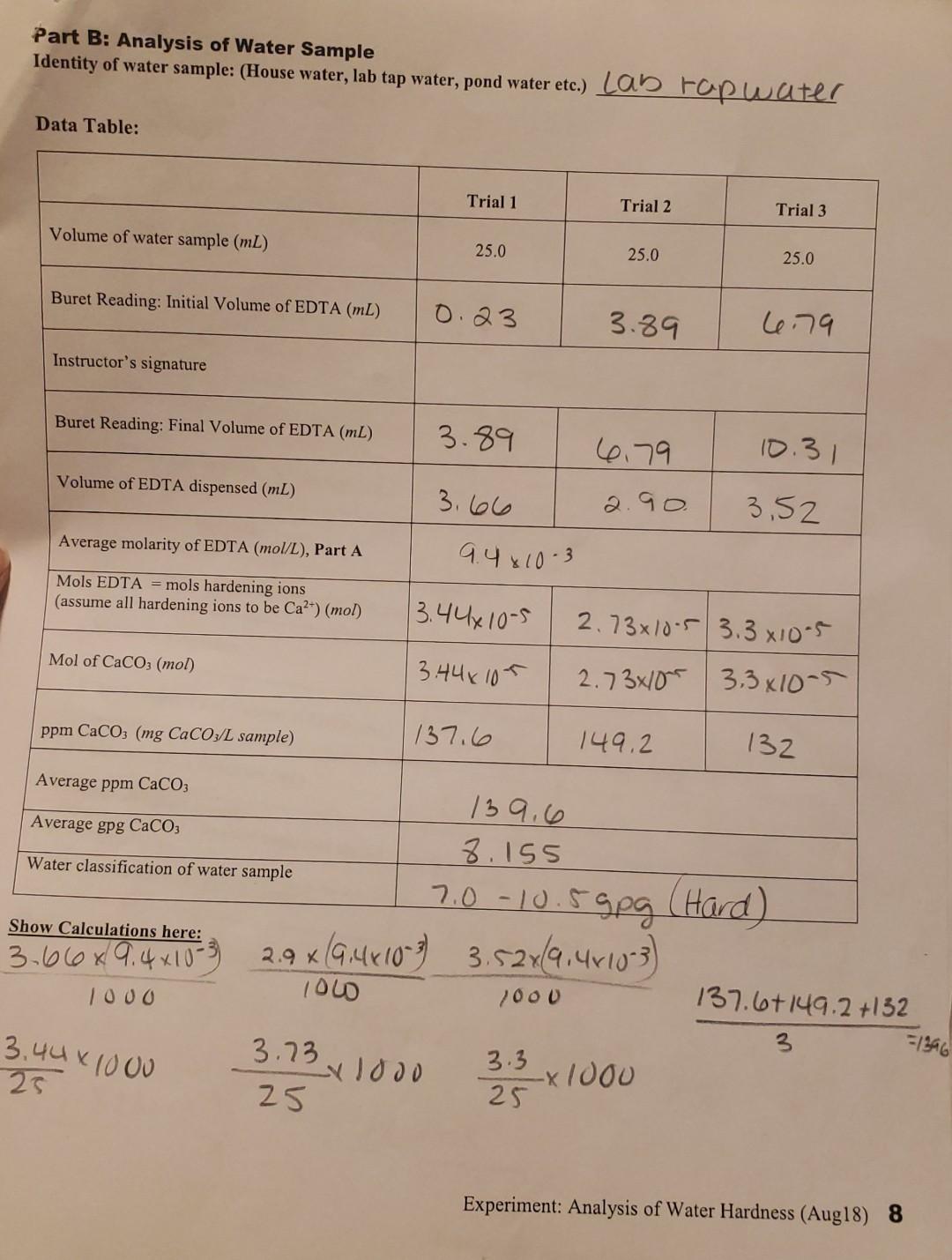 Solved Analysis of Water Hardness Report Sheet Partner(s) | Chegg.com