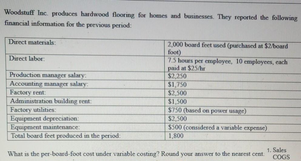 Solved Woodstuff Inc. produces hardwood flooring for homes | Chegg.com