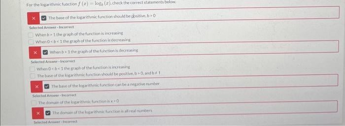 Solved For the logarithmictunction f(x)=logb(x), check the | Chegg.com
