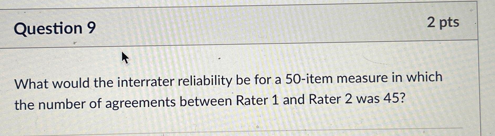Solved Question 92 ﻿ptsWhat would the interrater reliability | Chegg.com