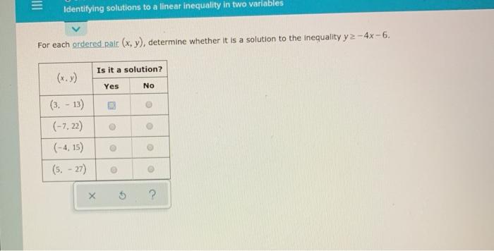 Solved = Identifying solutions to a linear inequality in two | Chegg.com