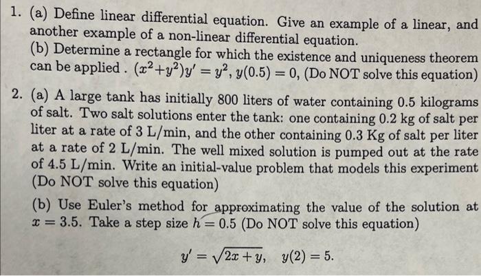 Solved 1. (a) Define linear differential equation. Give an | Chegg.com