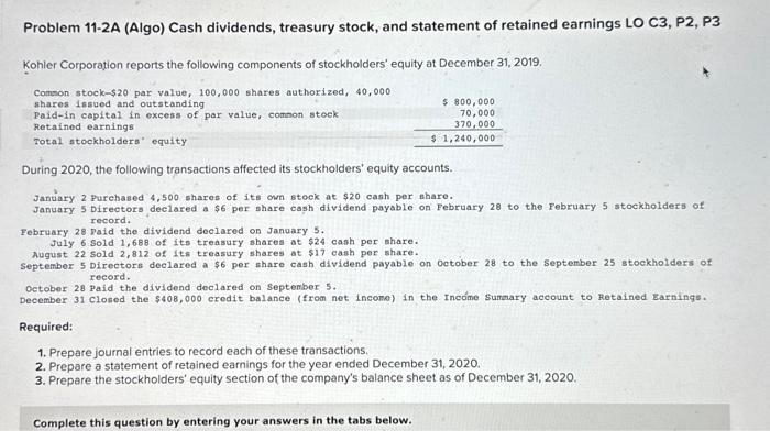 Solved Problem 11-2A (Algo) Cash dividends, treasury stock, | Chegg.com
