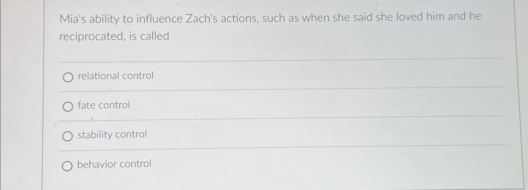 Solved Mia's ability to influence Zach's actions, such as | Chegg.com