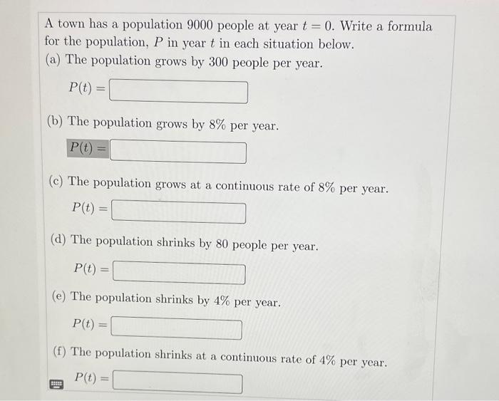 Solved A town has a population 9000 people at year t=0. | Chegg.com